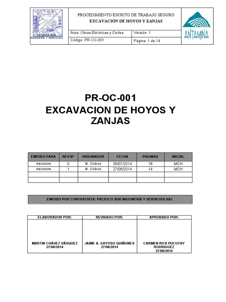 Pr-Oc-001-Procedimiento de Excavaciones Hoyos y Zanjas | PDF ...