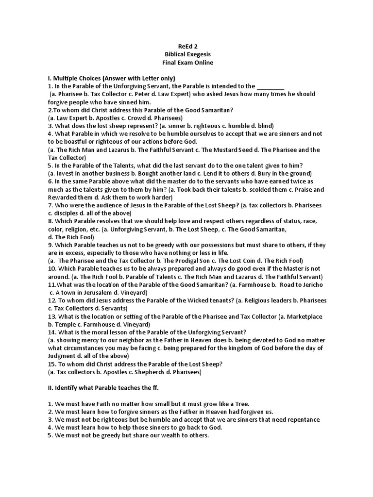 Reed 2 Biblical Exegesis Final Exam Online I. Multiple Choices (Answer ...