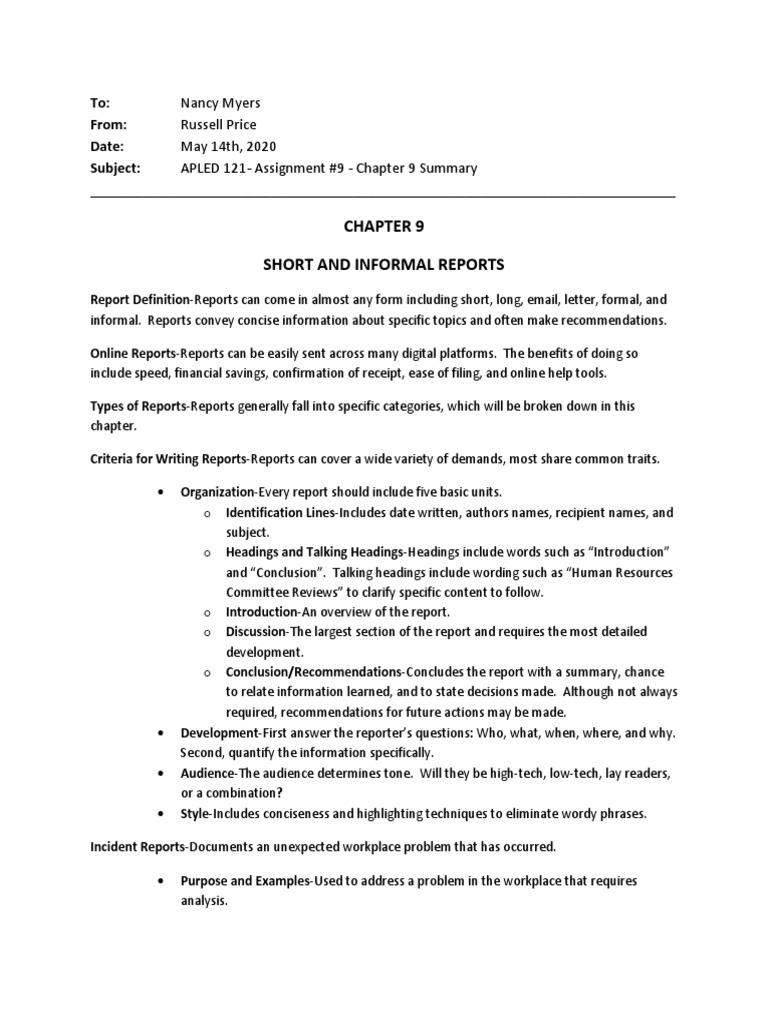 Assignment 9 - Chapter 9 Summary - Short Informal Reports | PDF ...