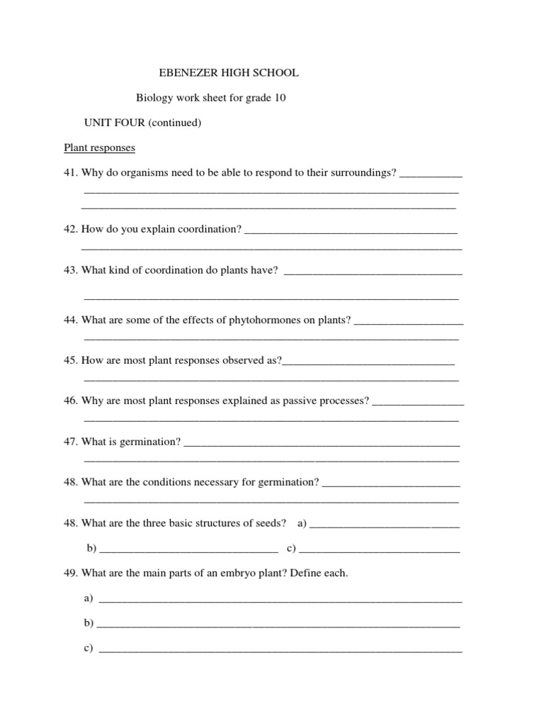 Biology Work Sheet For Grade 10 PDF | PDF | Plant Hormone | Germination