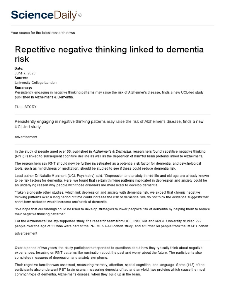 Repetitive Negative Thinking Linked To Dementia Risk - ScienceDaily | PDF | Dementia | Alzheimer ...