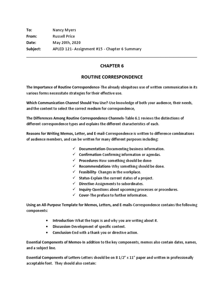 Assignment 12 - Chapter 6 Summary - Routine Correspondence | PDF ...