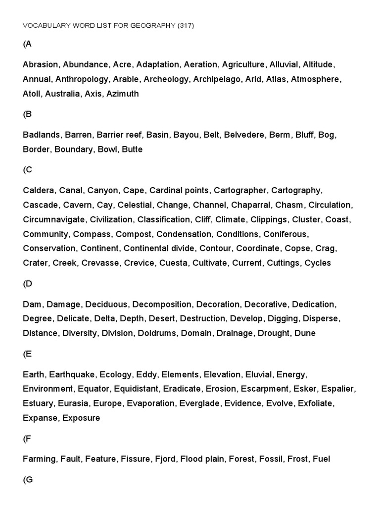 Vocabulary Word List For Geography | PDF | Marsh | Canyon