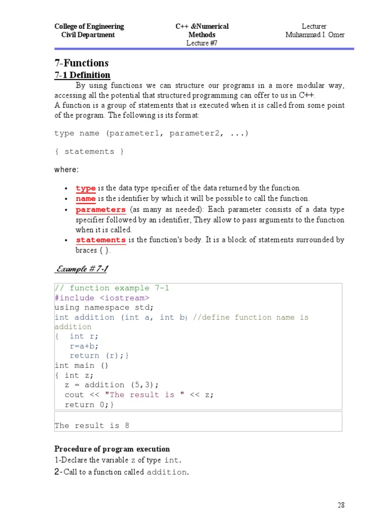 7-Functions: 7-1 Definition | PDF | Subroutine | Parameter (Computer Programming)