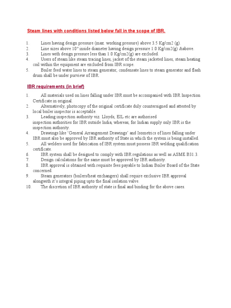Steam Lines With Conditions Listed Below Fall in The Scope of IBR | PDF