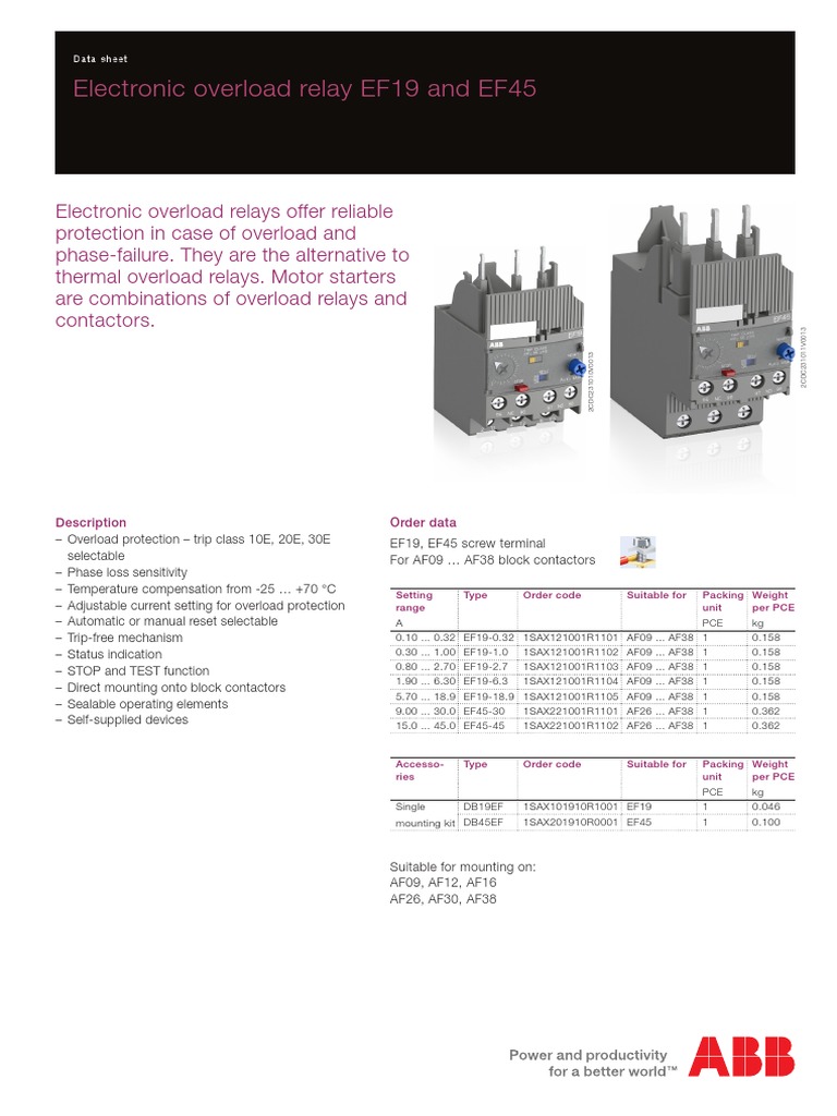 Electronic Overload Relay EF19 and EF45: Data Sheet | PDF | Relay | Fuse (Electrical)