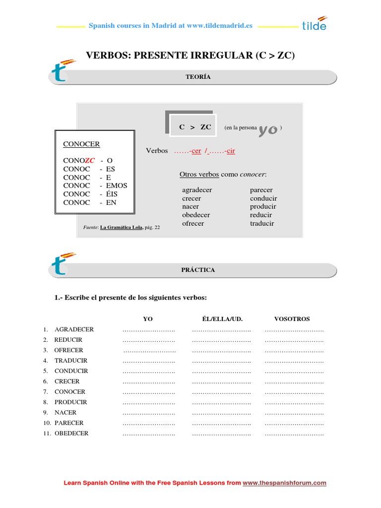 Verbos Presente Irregular C ZC | PDF