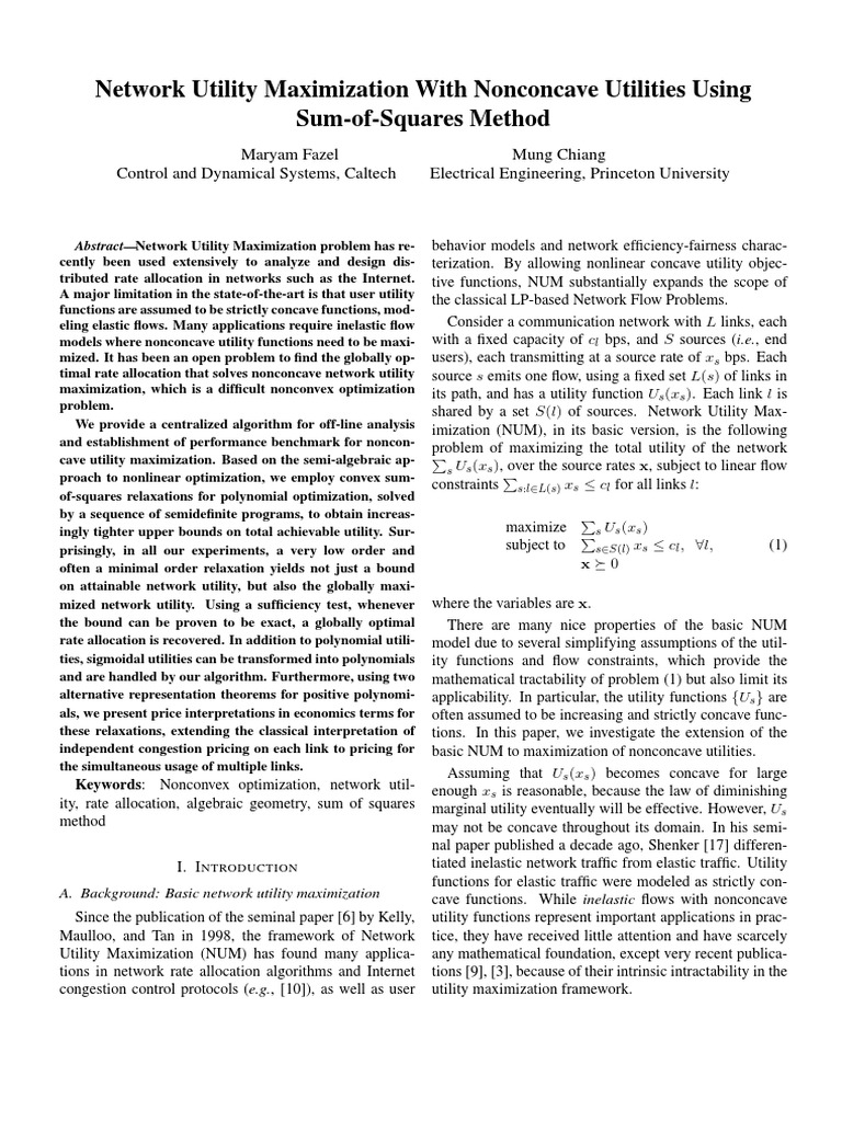 Network Utility Maximization With Nonconcave Utilities Using Sum-of-Squares Method | PDF ...