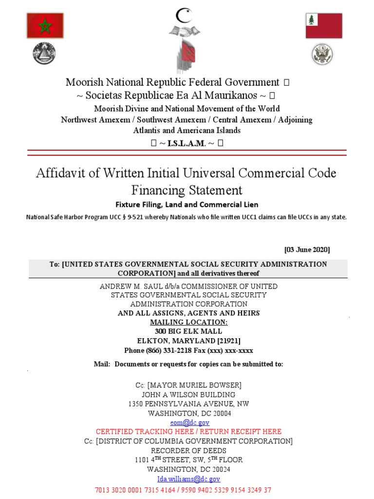 Affidavit of Written Initial Universal Commercial Code Financing ...