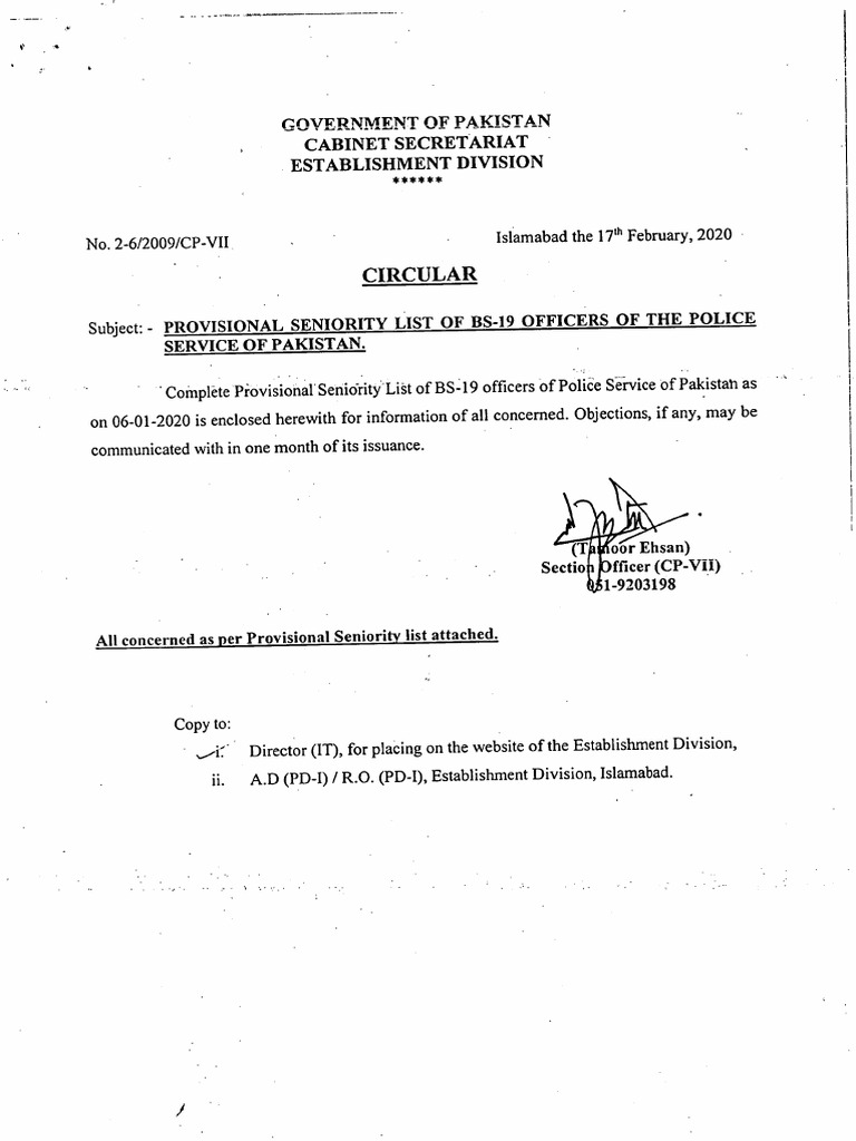 Circular: Government of Pakistan Cabinet Secretariat Establishment ...