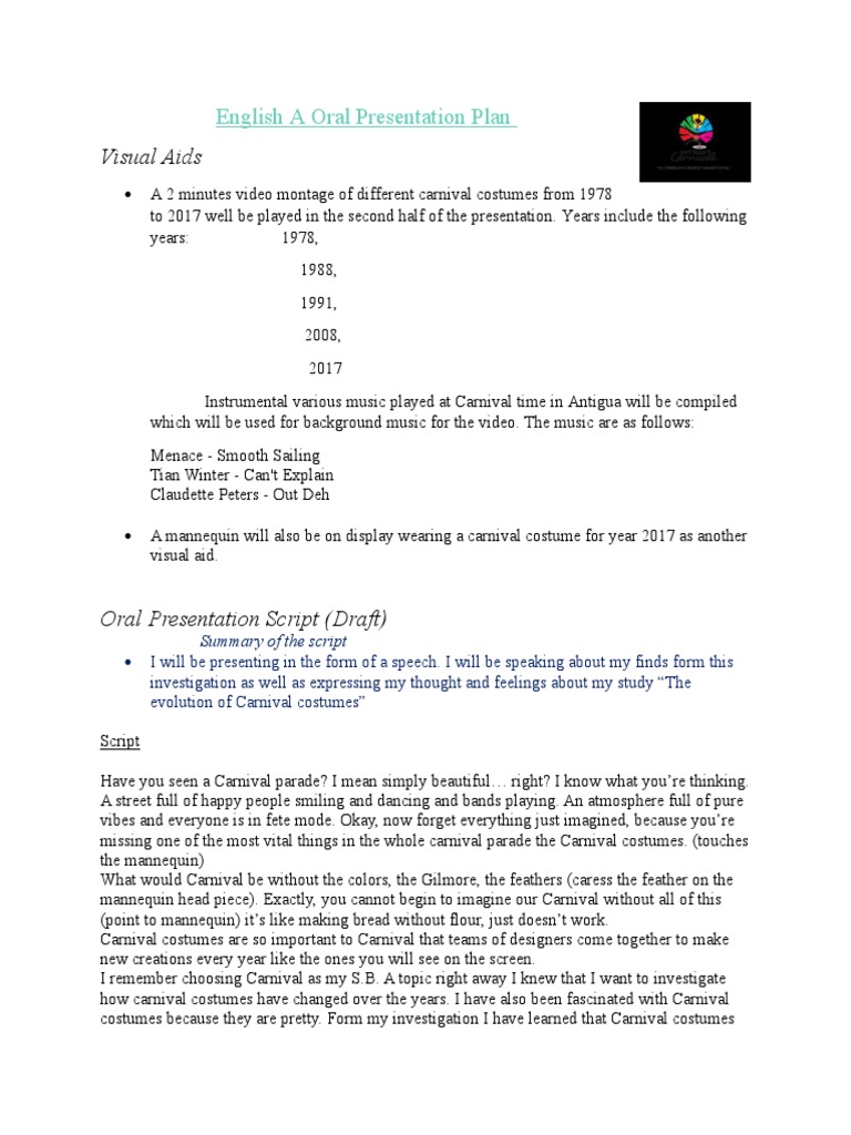 CSEC English A Oral Presentation Plan | PDF | Carnival