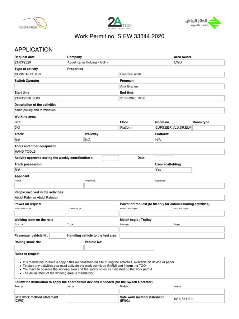 Work Permit Application for Construction Activities | PDF | Business