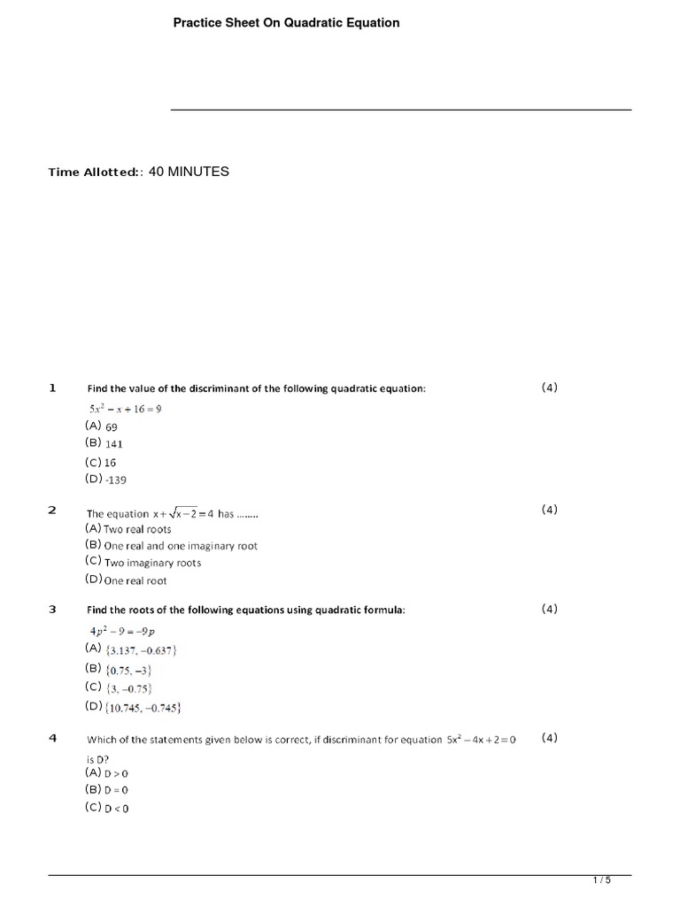Quadratic Equation Practice Sheet | PDF | Mathematical Objects ...