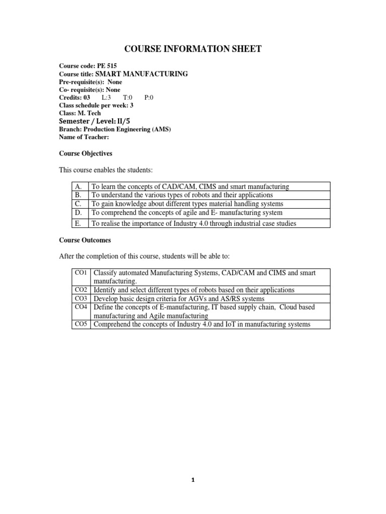 Course Information Sheet: Smart Manufacturing | PDF | Internet Of ...