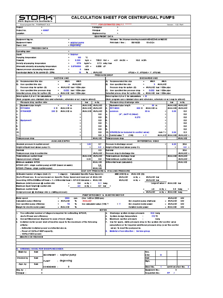 Calculation Sheet For Centrifugal Pumps: Excel Program File: Pumpmast ...