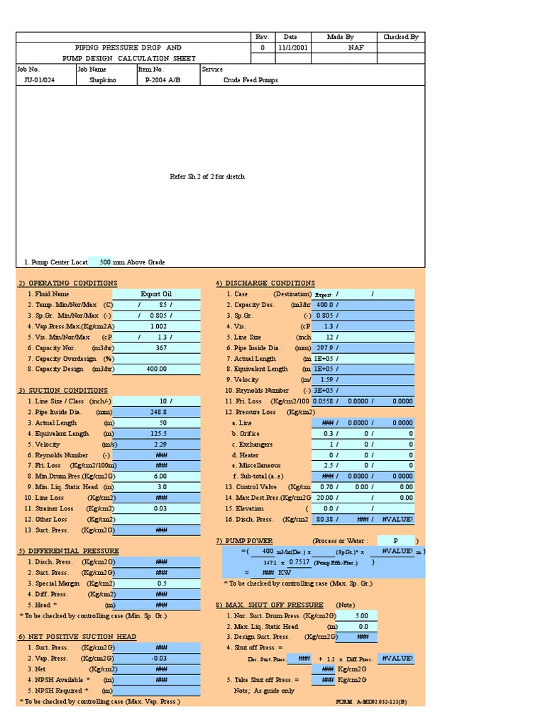 Pump Design Calculation Sheet | PDF | Pump | Valve