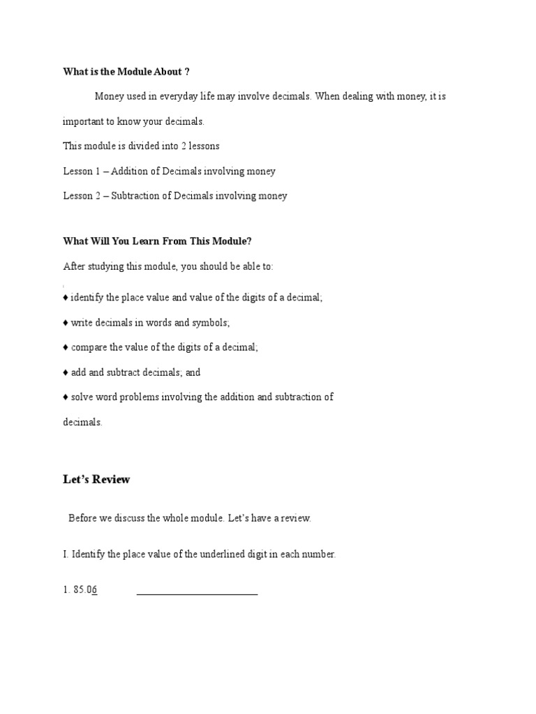 What Is The Module About ?: Let's Review | PDF | Decimal | Numbers
