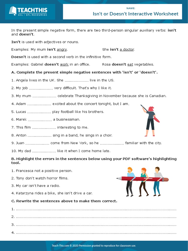 Isn't or Doesn't Interactive Worksheet: Esl / Efl Resources | Download ...