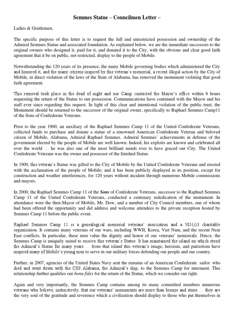 Semmes Statue Councilmen Letter | PDF | Mobile | Government