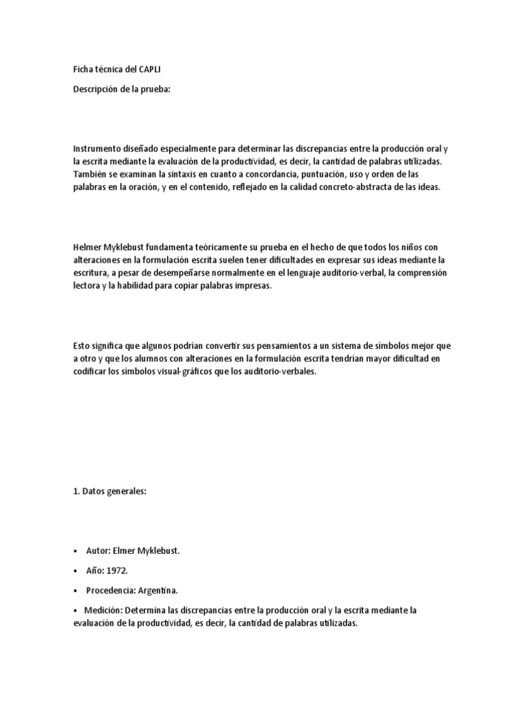 Ficha Técnica del Test CAPLI | PDF | Afasia | Evaluación
