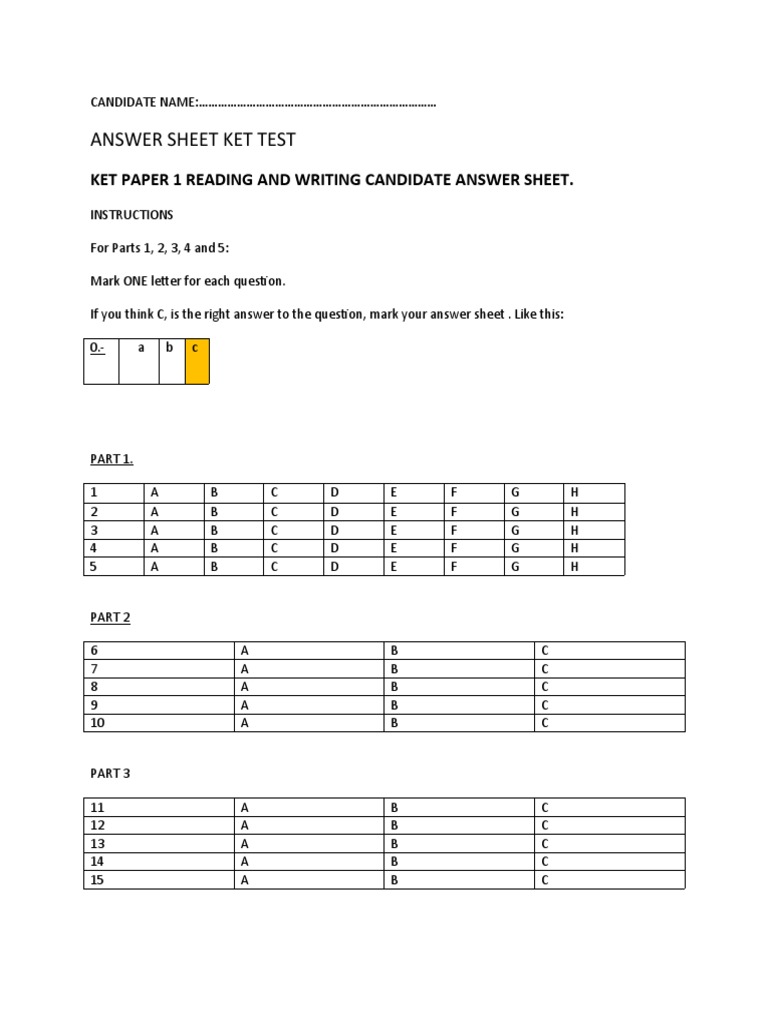 KET Reading and Writing Answer Sheet | PDF | Learning | Teaching