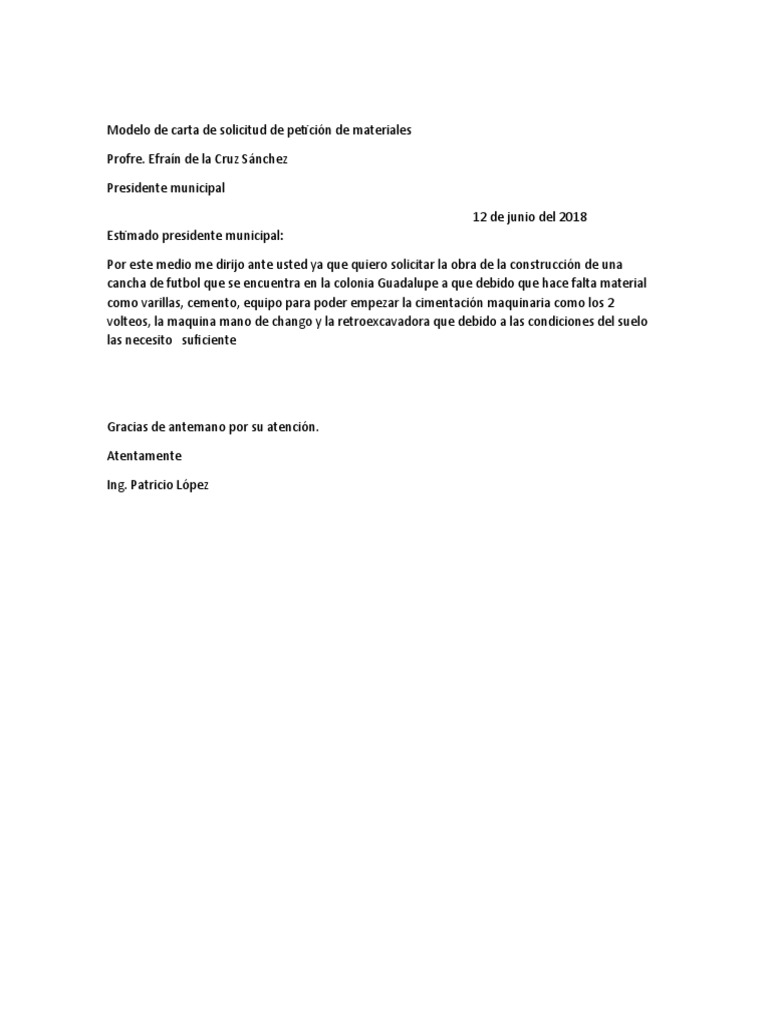 Modelo de Carta de Solicitud de Petición de Materiales | PDF