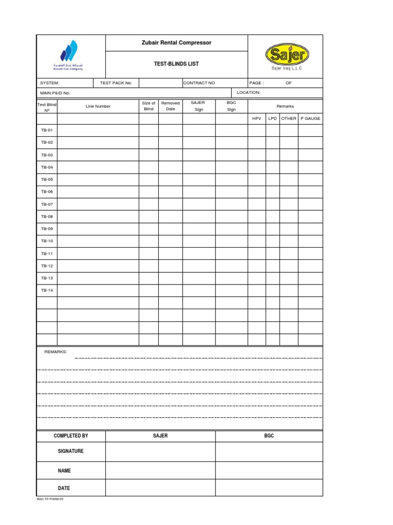 Test Blind List Form (Empty) | PDF