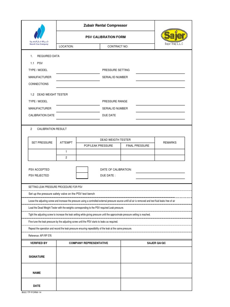 PSV For Testing Calibration Form (Empty) | Download Free PDF | Leak ...