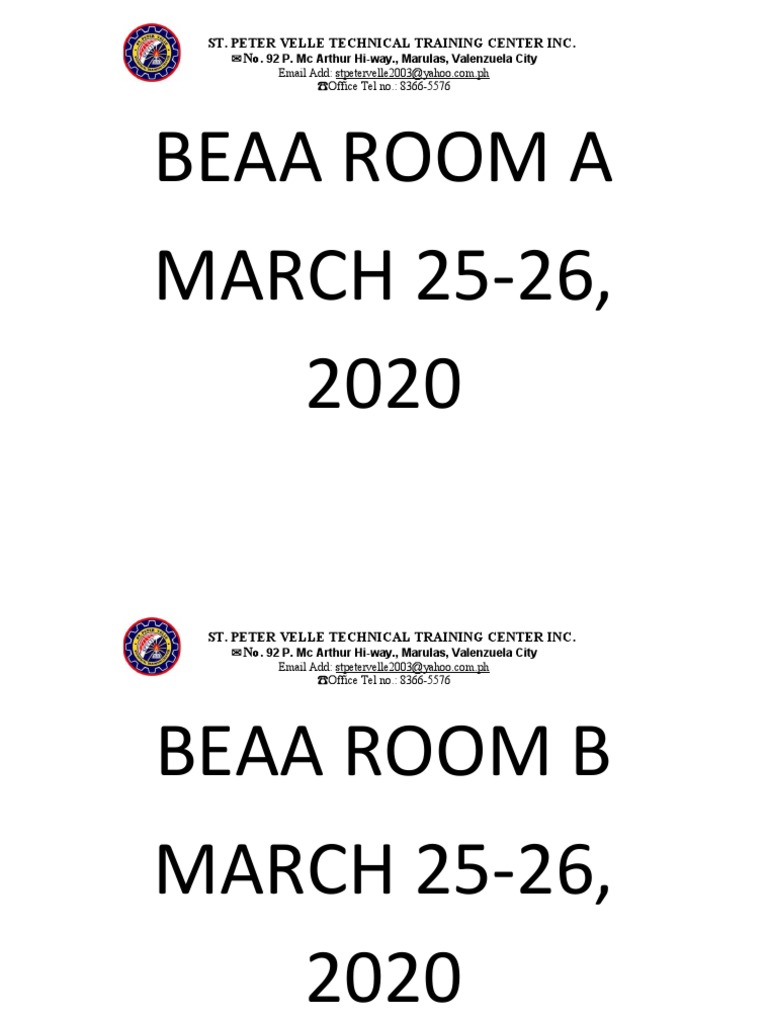 Beaa Room A MARCH 25-26, 2020: St. Peter Velle Technical Training ...