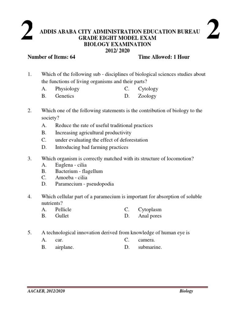 Grade 8 Biology Model Exam 2020 | PDF | Honey Bee | Fertilisation
