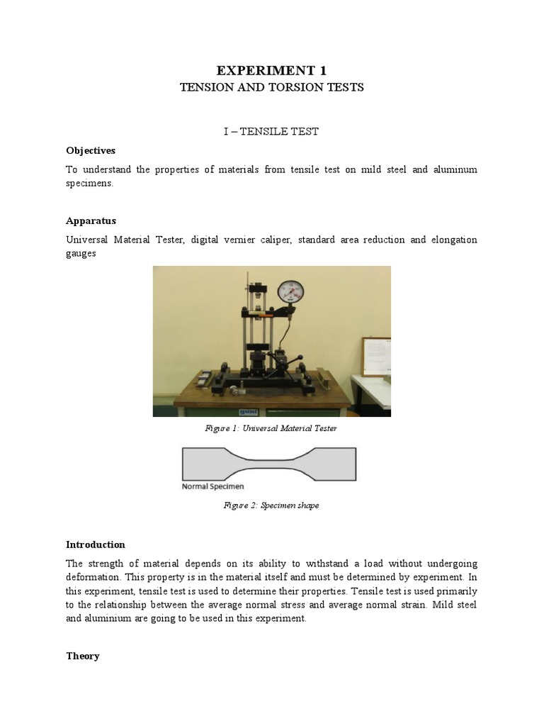 Tension and Torsion Tests on Metals | PDF | Ultimate Tensile Strength ...
