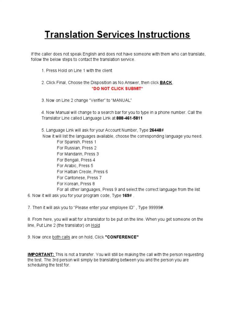 Translation Service Call Instructions | PDF