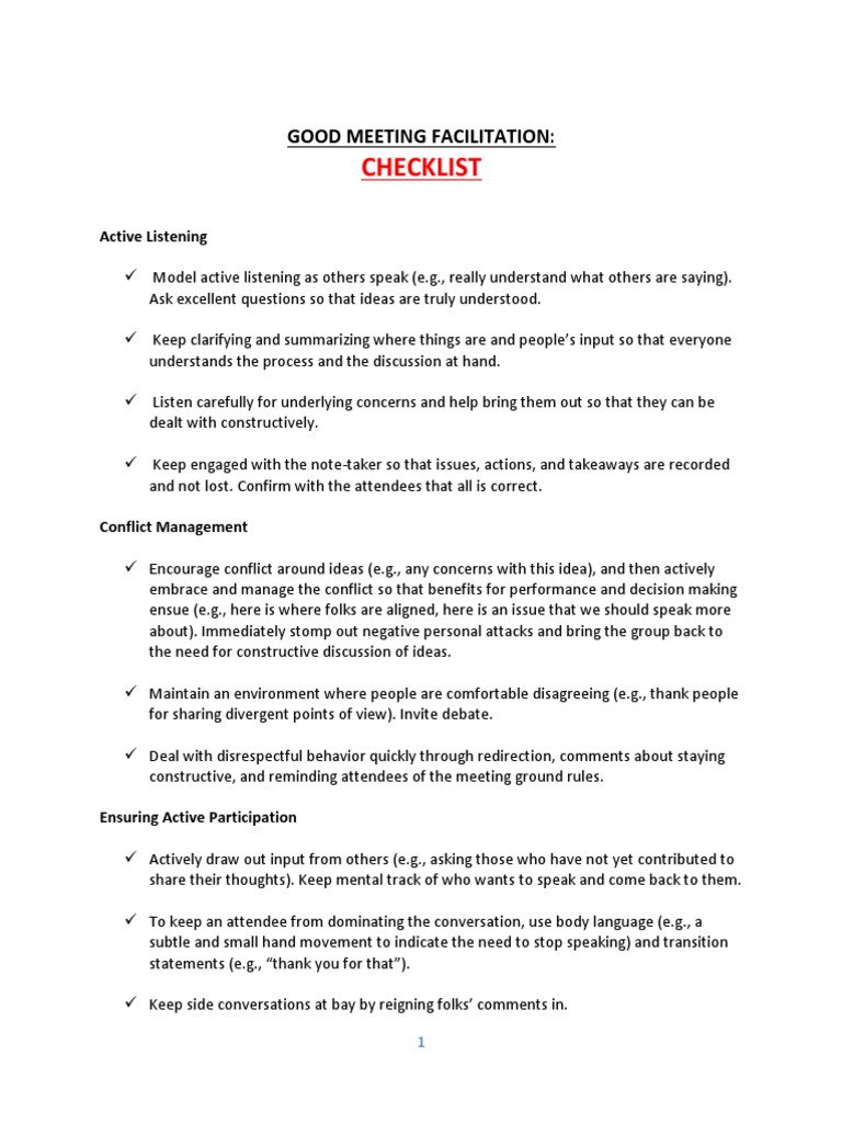 Checklist: Good Meeting Facilitation | PDF | Consensus Decision Making ...
