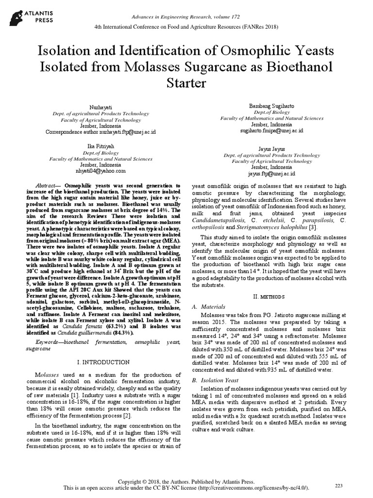 Isolation and Identification of Osmophilic Yeasts Isolated From Molasses Sugarcane As Bioethanol ...
