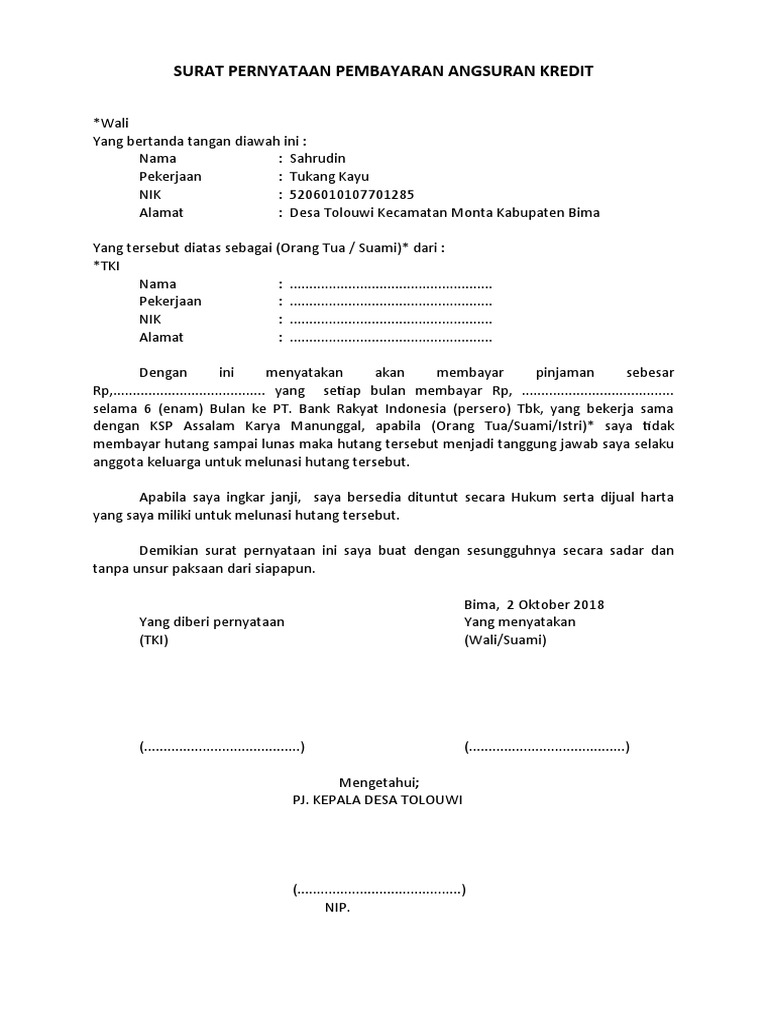 Surat Pernyataan Pembayaran Angsuran Kredit | PDF