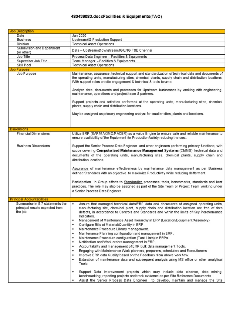 Process Data Engineer - FE - CMMS | PDF | Enterprise Resource Planning ...