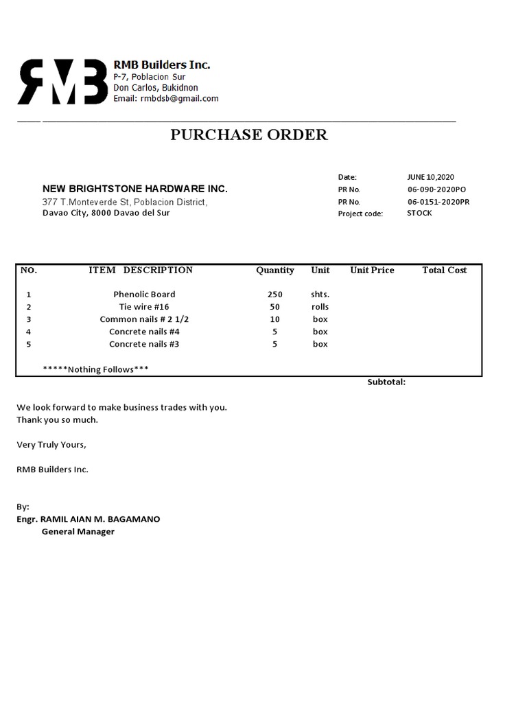 Purchase Order for Hardware Supplies | PDF