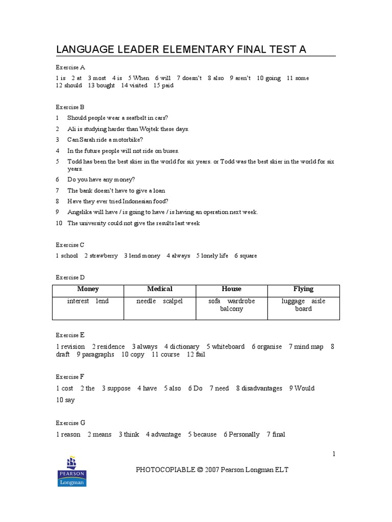Language Leader Elementary Final Test A: Money Medical House Flying | PDF