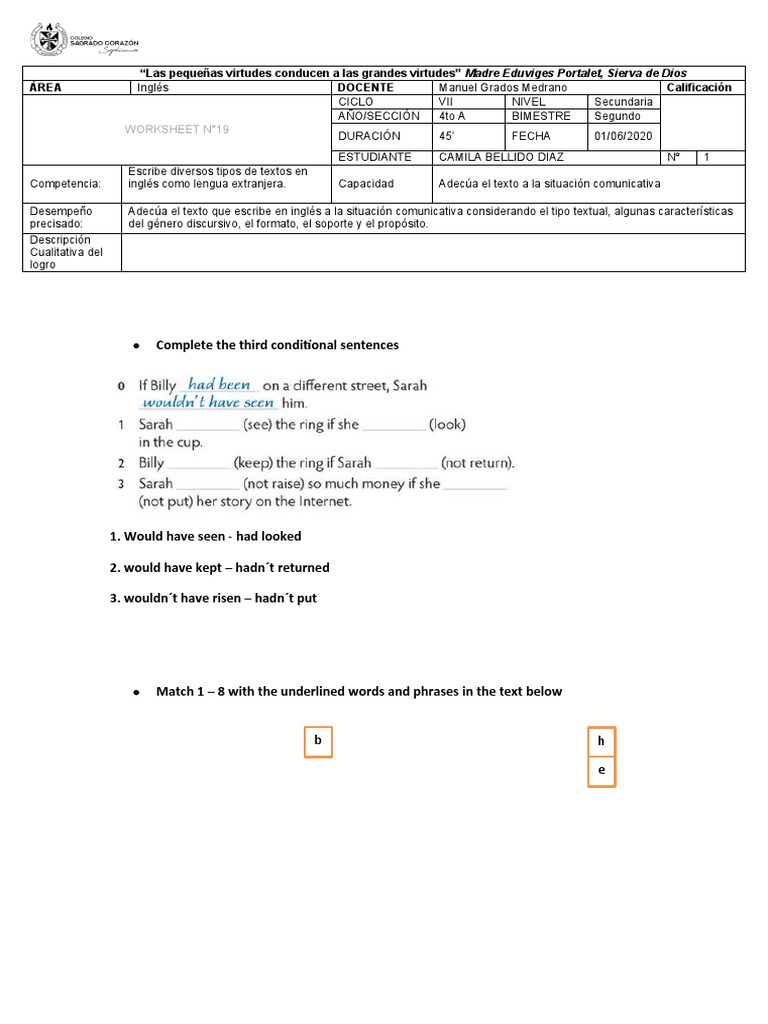 English Worksheet: Conditional Sentences & Text Matching | PDF