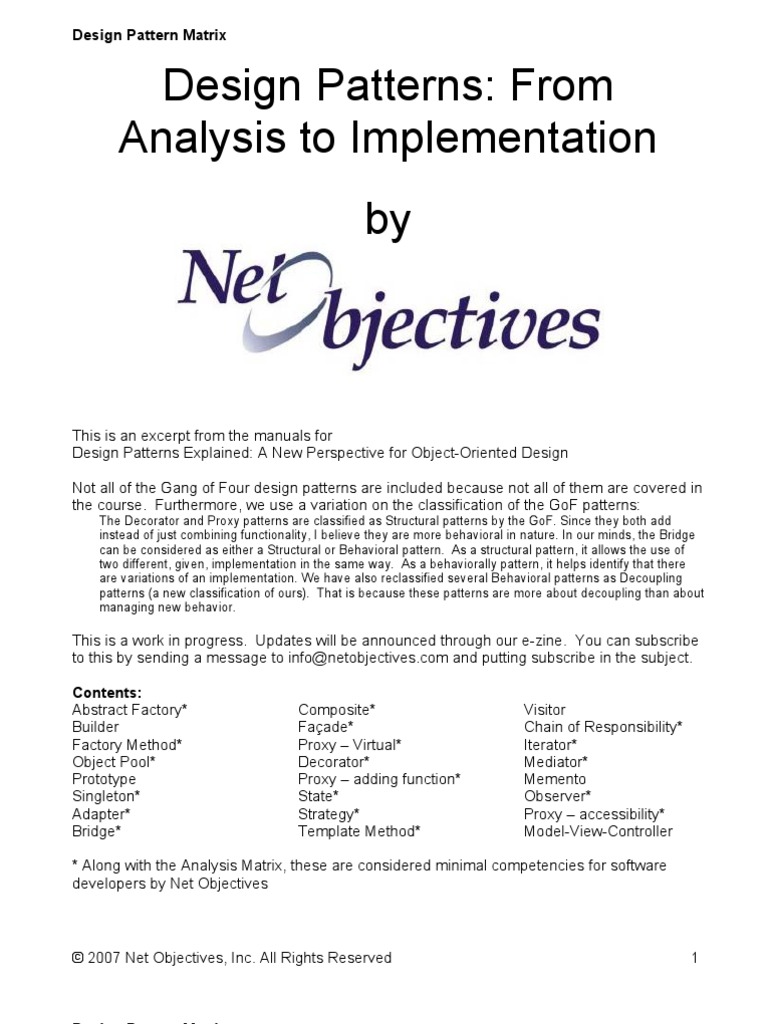 Design Patterns Matrix Pdf Class Computer Programming Method Computer Programming