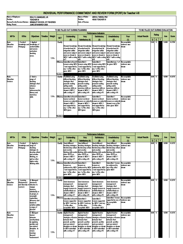 Individual Performance Commitment and Review Form (Ipcrf) For Teacher I ...