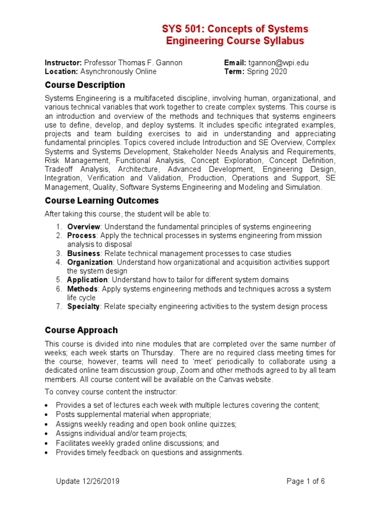 SYS 501: Concepts of Systems Engineering Course Syllabus | PDF ...