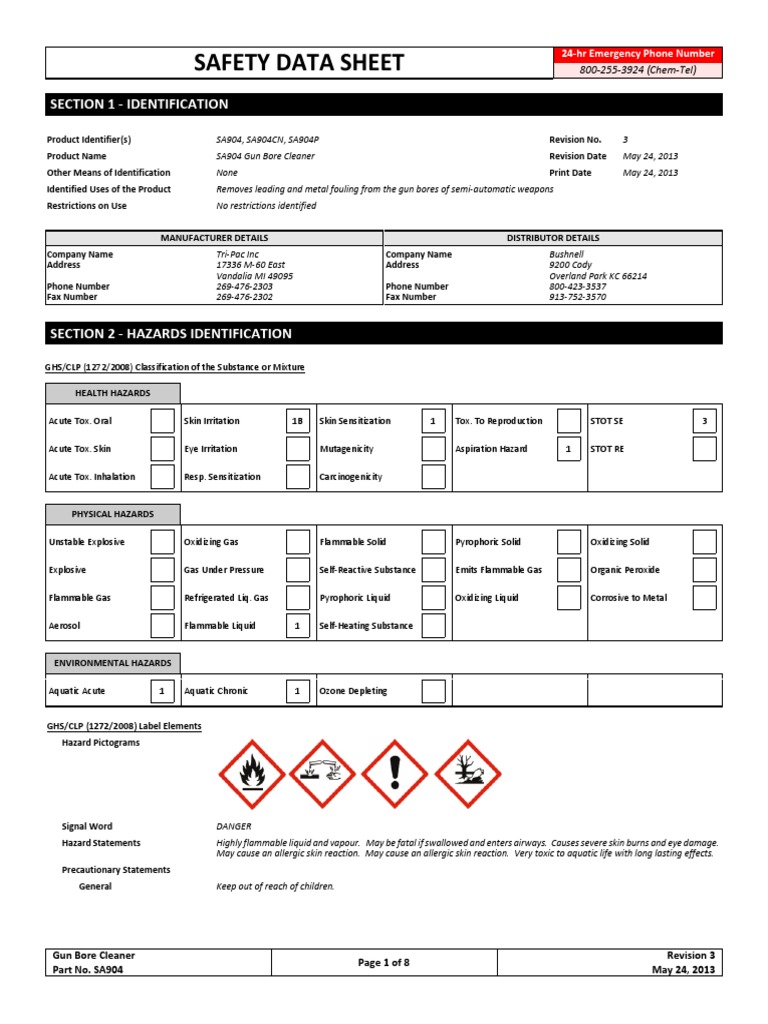Safety Data Sheet for SA904 Gun Bore Cleaner: Flammable Liquid Product Used to Remove Leading ...
