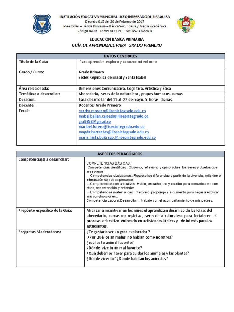 Guia de Aprendizaje Grado Primero #3 | PDF | Aprendizaje | Educación ...