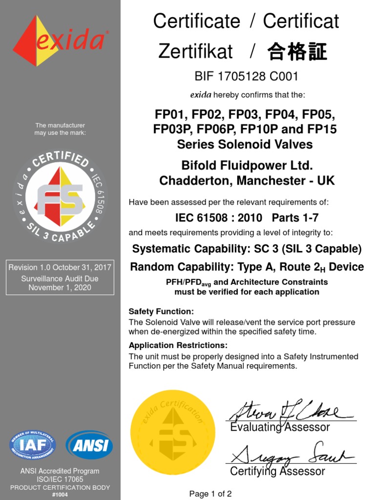 SIL Certificate Solenoid Valve FP Series | PDF | Systems Engineering ...