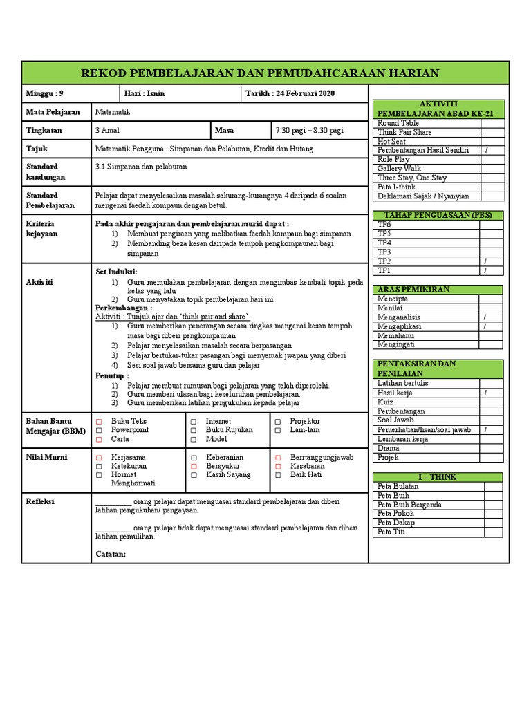 Rancangan Pengajaran Harian Matematik dan PJPK | PDF