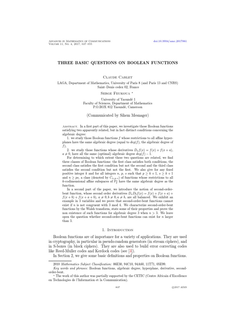 Three Basic Questions On Boolean Functions Pdf Boolean Algebra 9617