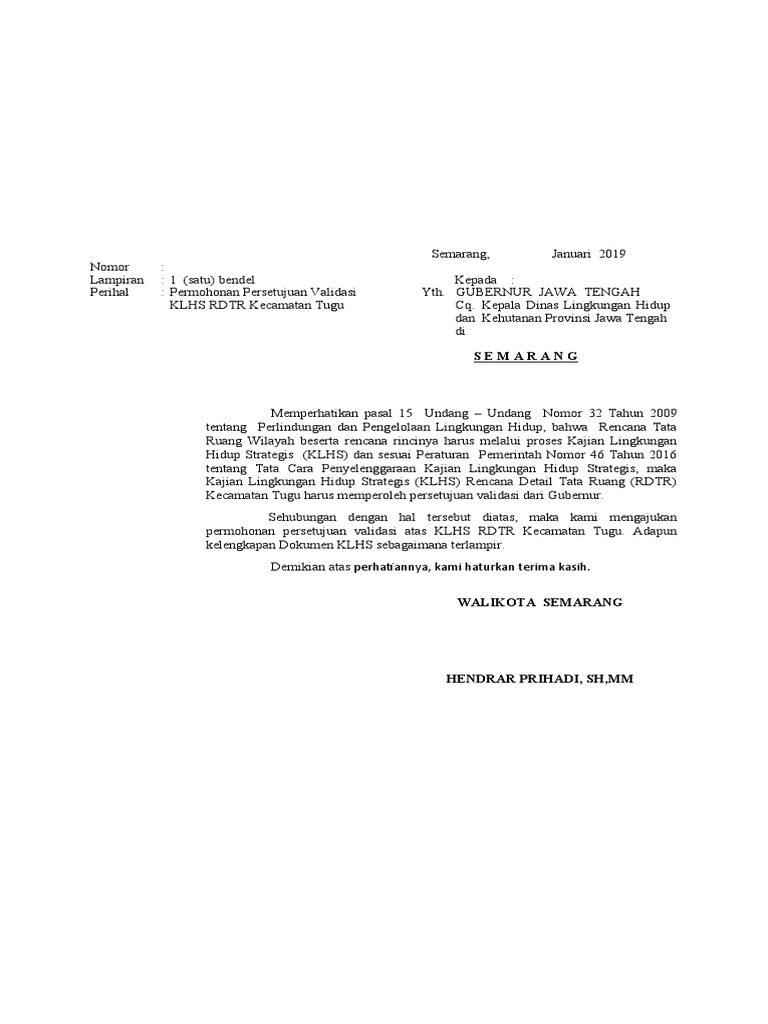 Permohonan Validasi KLHS RTRW Kota Semarang | PDF
