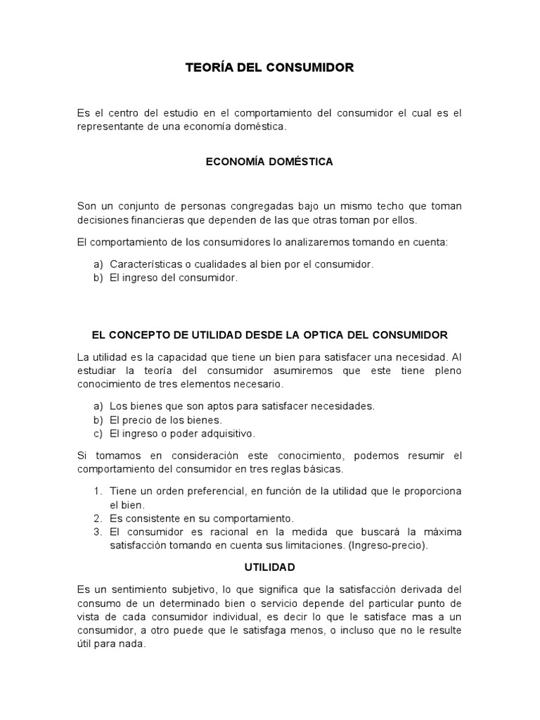 Teoría Del Consumidor | PDF | Utilidad marginal | Utilidad