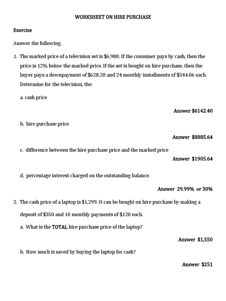 Worksheet On Hire Purchase | PDF | Prices | Interest